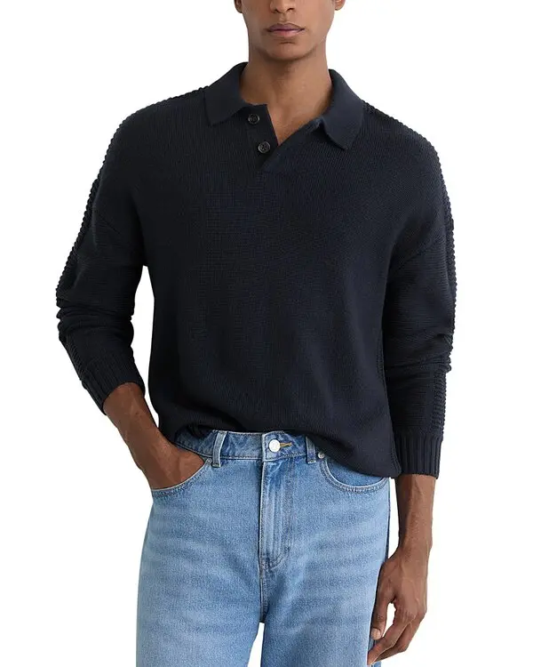 REISS Half Button Polo Sweater - Navy