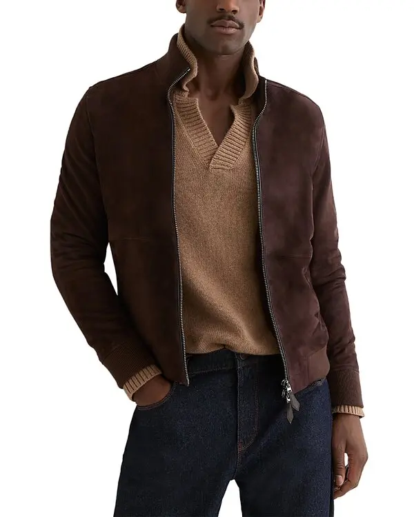 REISS Suede Zip Through Jacket - Chocolate
