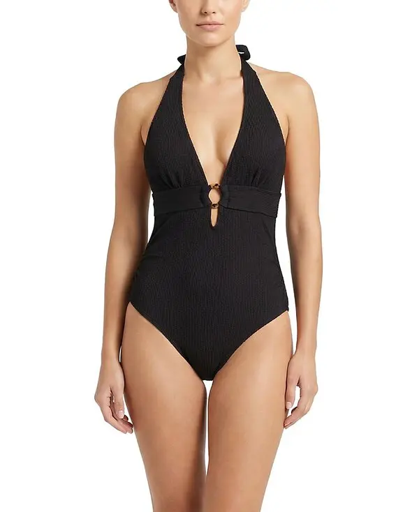 CHANGE OF SCENERY Gabrielle Ring Halter Textured One-piece Swimsuit - Black Texture