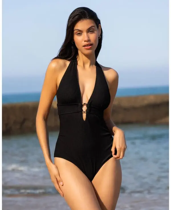 CHANGE OF SCENERY Gabrielle Ring Halter Textured One-piece Swimsuit - Black Texture