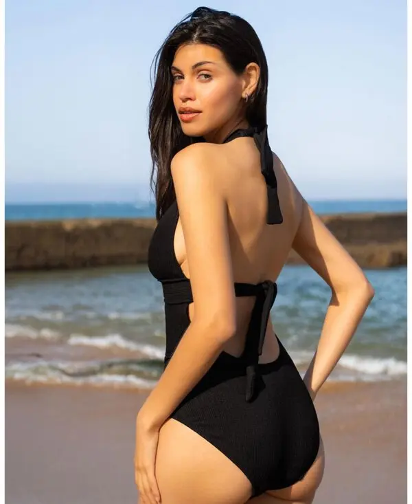 CHANGE OF SCENERY Gabrielle Ring Halter Textured One-piece Swimsuit - Black Texture
