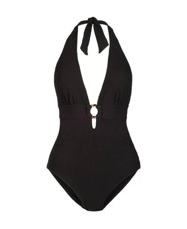 CHANGE OF SCENERY Gabrielle Ring Halter Textured One-piece Swimsuit - Black Texture