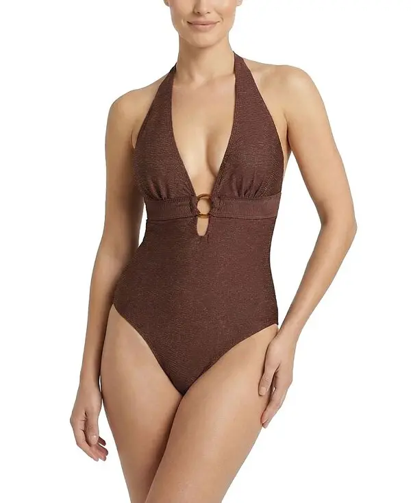 CHANGE OF SCENERY Gabrielle Ring Halter One-piece Swimsuit - Cacao/gold Metallic