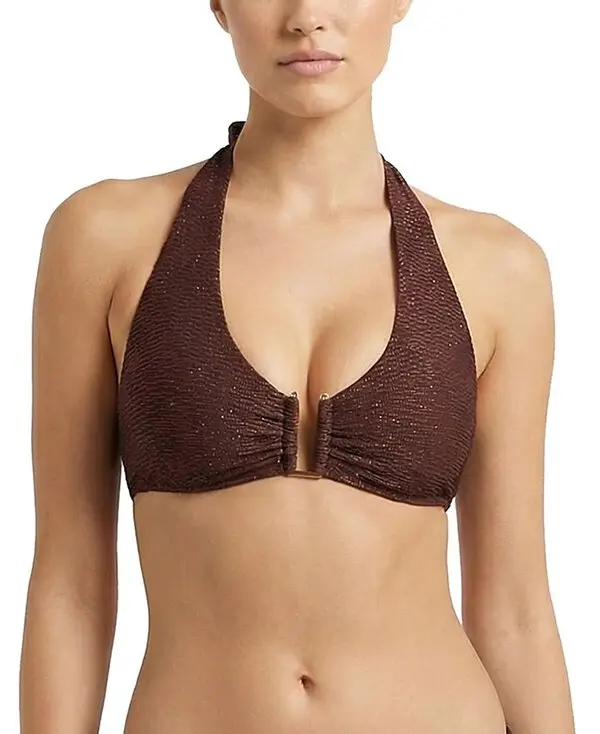 CHANGE OF SCENERY Shana U-bar Metallic Halter Bikini Top - Cacao/gold Metallic
