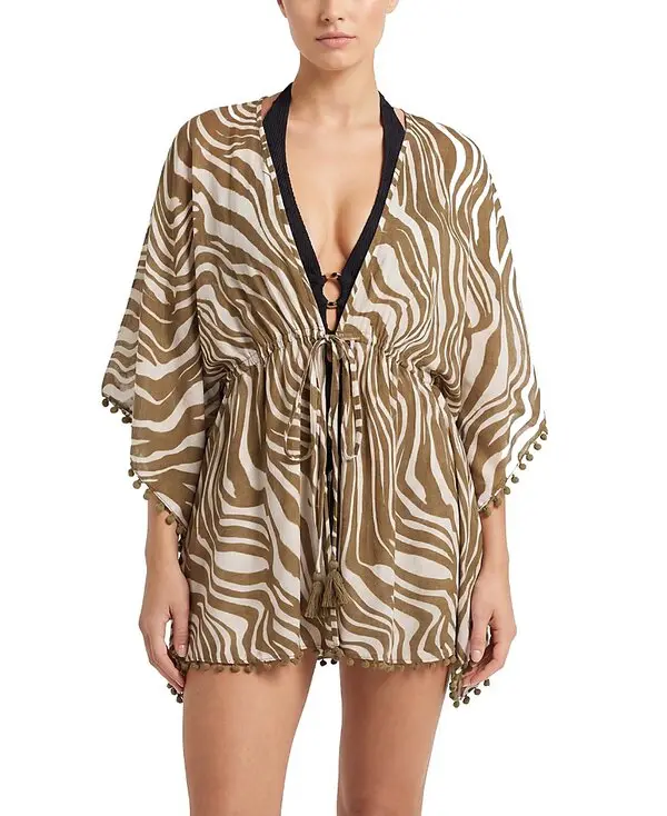 CHANGE OF SCENERY Audrey Short Drawstring Caftan Cover-up - Serengeti