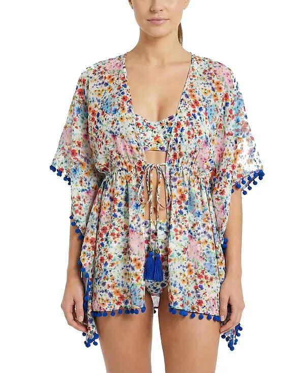 CHANGE OF SCENERY Audrey Short Drawstring Caftan Cover-up - Wildflower Patch