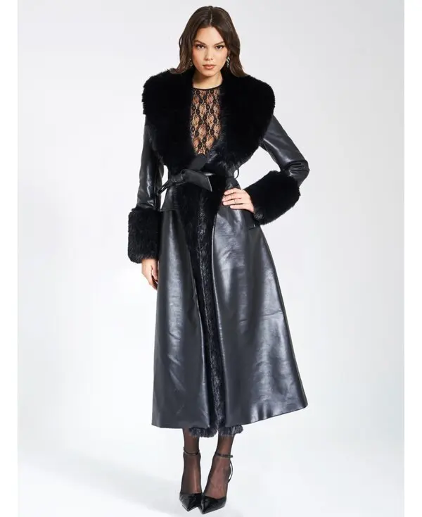 MISS CIRCLE NEW YORK Faux Leather Coat With Faux Fur Trim