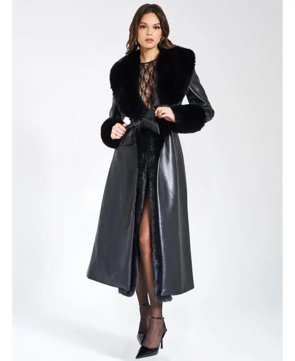 MISS CIRCLE NEW YORK Faux Leather Coat With Faux Fur Trim