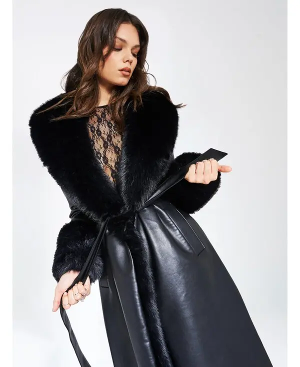 MISS CIRCLE NEW YORK Faux Leather Coat With Faux Fur Trim