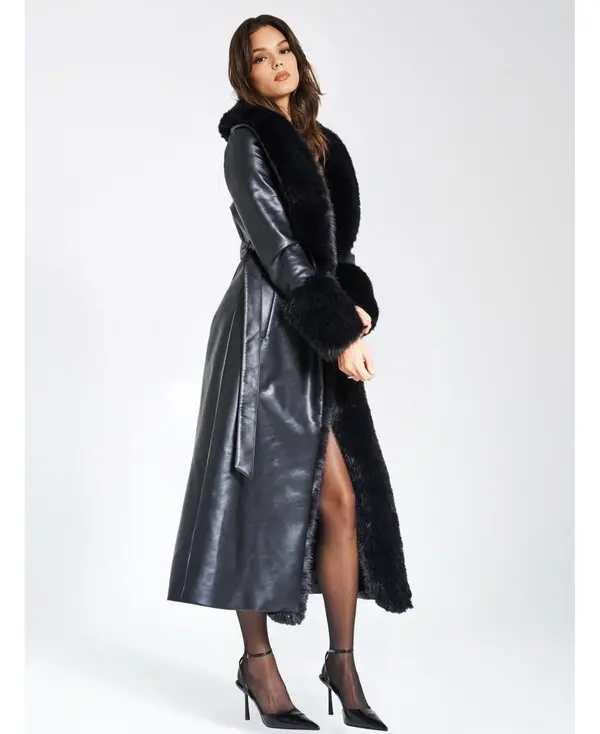 MISS CIRCLE NEW YORK Faux Leather Coat With Faux Fur Trim