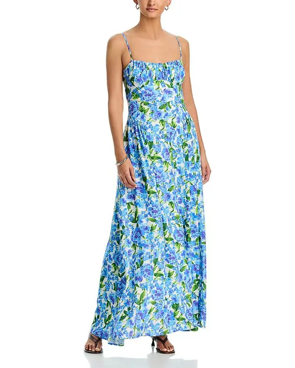 Aqua Floral Gathered Bust Maxi Dress