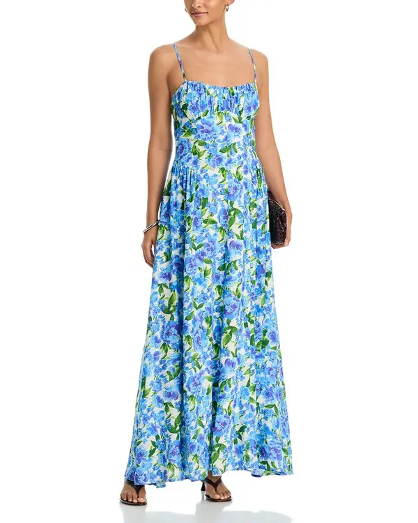 Aqua Floral Gathered Bust Maxi Dress