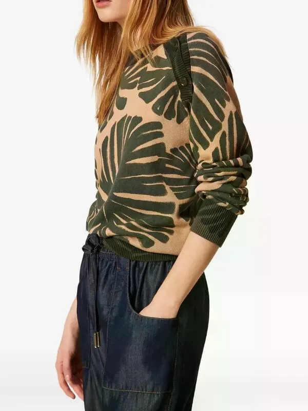 TWINSET Leaf Print Cotton Sweater