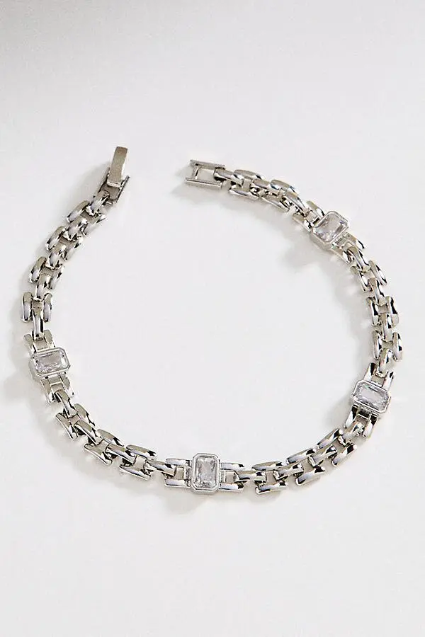 Anthropologie Foldover Clasp Crystal Chain Bracelet - Silver