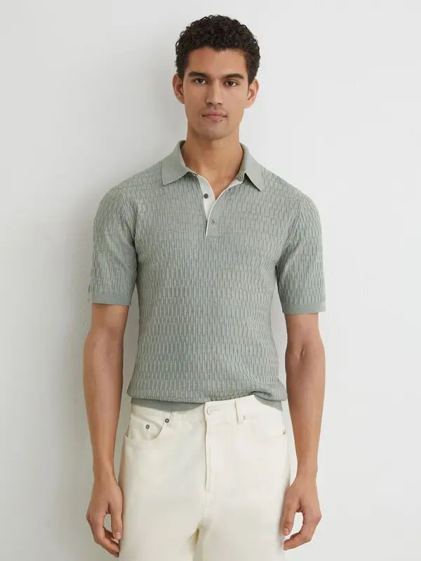 REISS Era Textured-knit Half-button Polo Shirt - Soft Sage