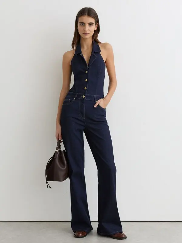 REISS Lolita Denim Halterneck Jumpsuit - Indigo Blue