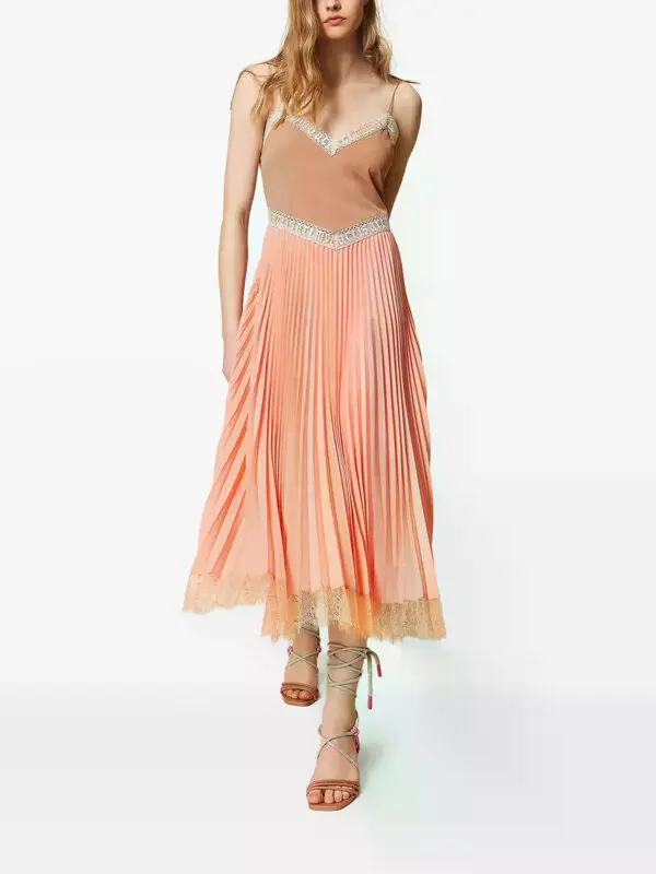 TWINSET Pleated Dress With Lace Trim - Orange