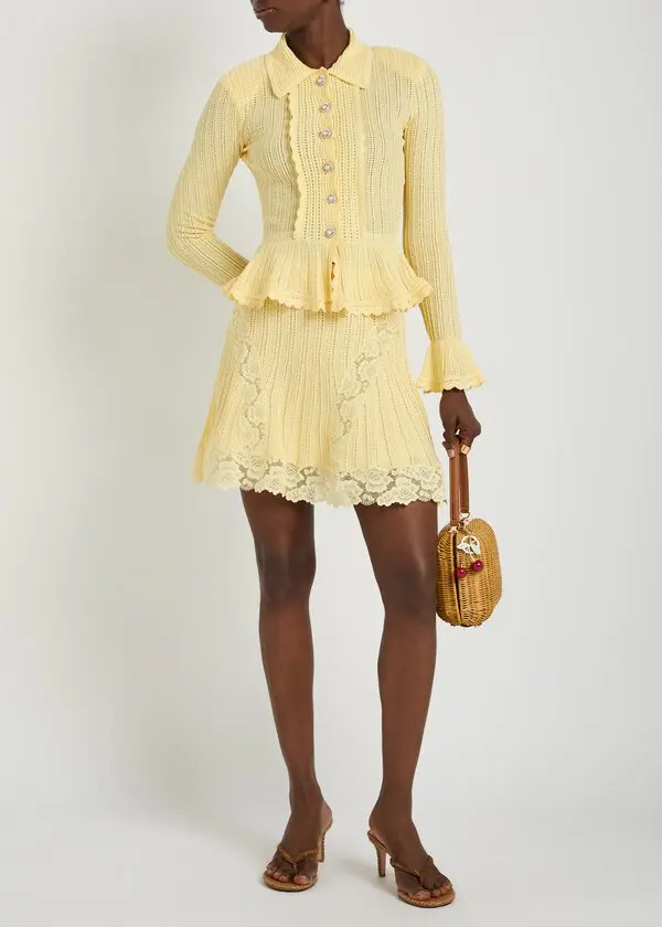 SELF-PORTRAIT Lace-trimmed Pointelle-knit Mini Skirt