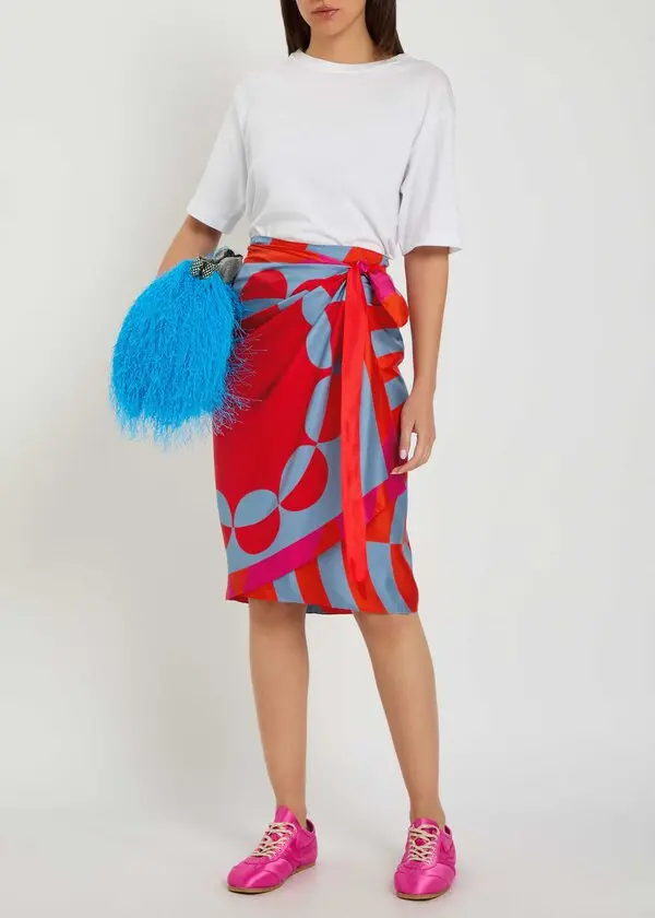 Dries Van Noten Scarfy Printed Silk Midi Wrap Skirt