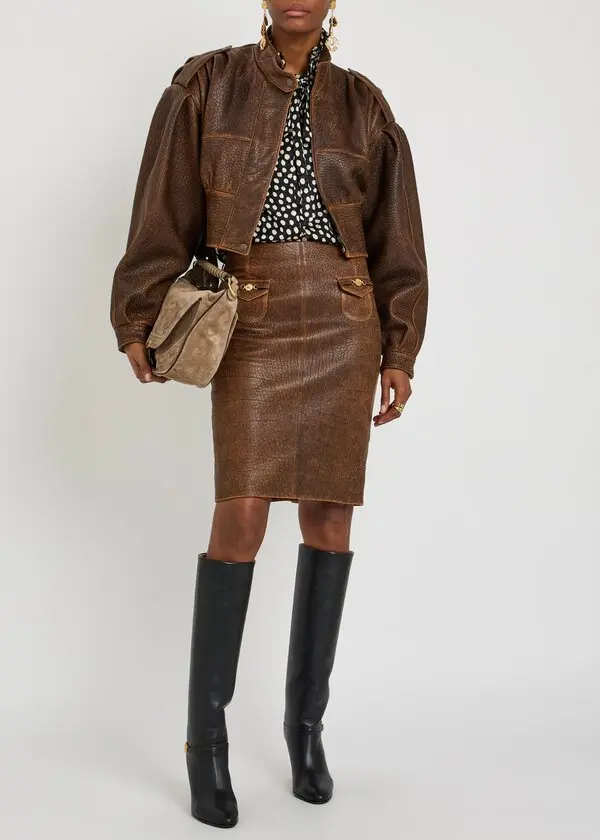 Chloé Grained Leather Cropped Bomber Jacket