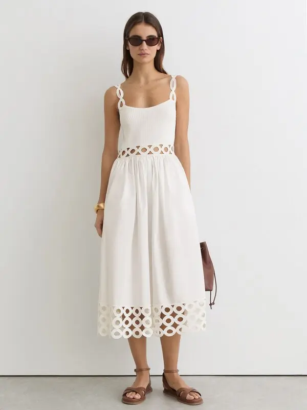 REISS Rib-knit Woven Mix Cut-out Midi Dress - Ivory