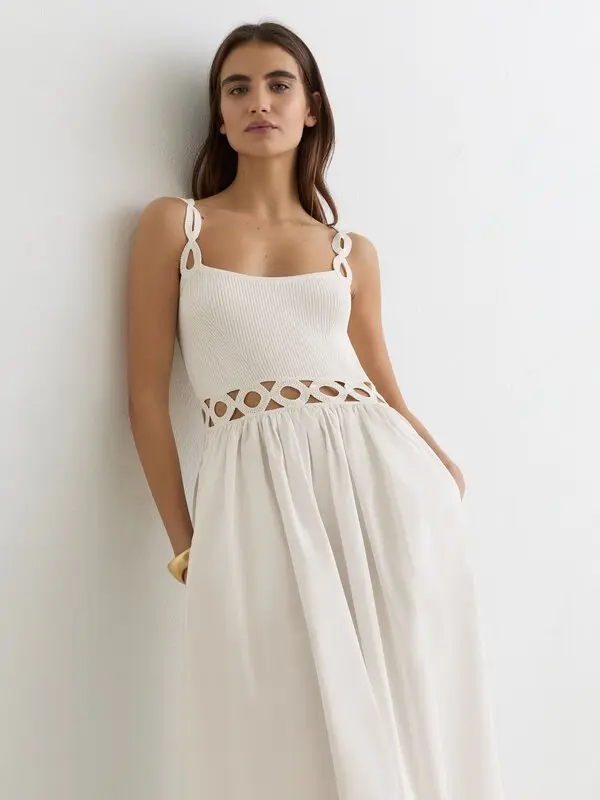 REISS Rib-knit Woven Mix Cut-out Midi Dress - Ivory