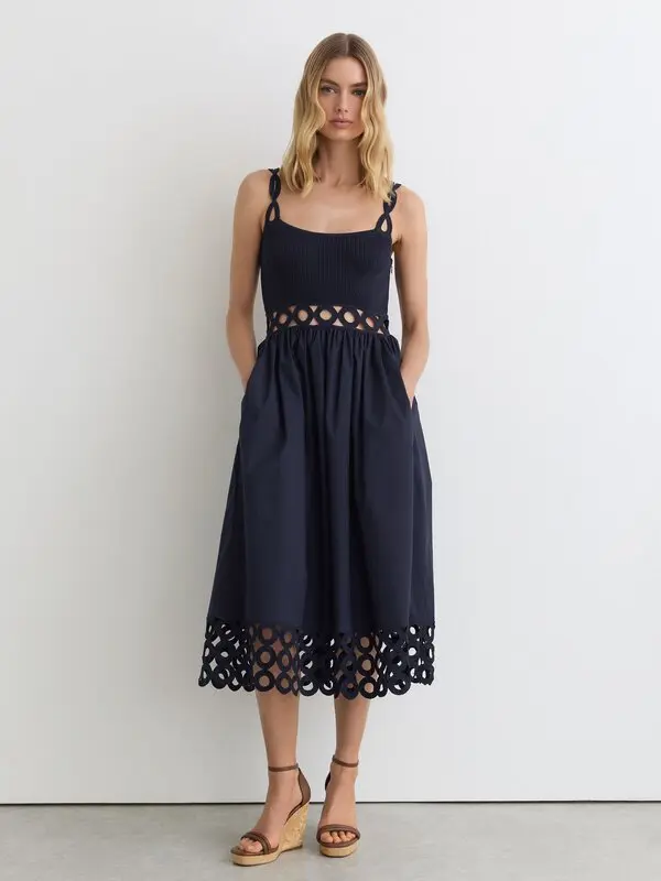 REISS Rib-knit Woven Mix Cut-out Midi Dress - Navy