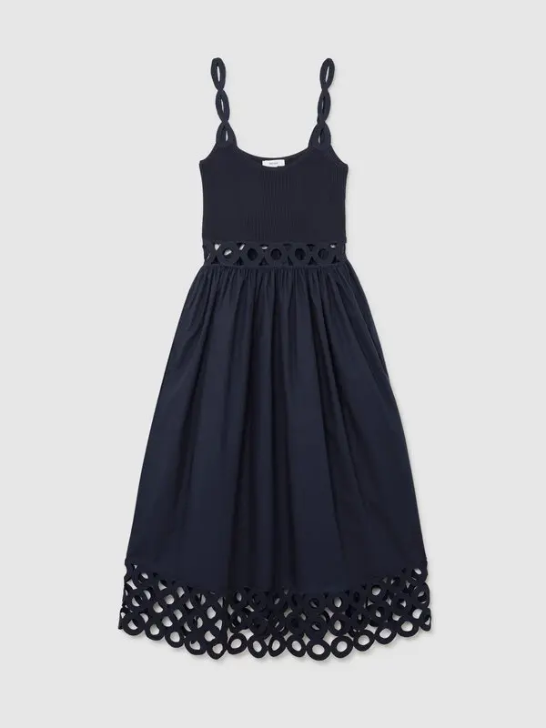 REISS Rib-knit Woven Mix Cut-out Midi Dress - Navy