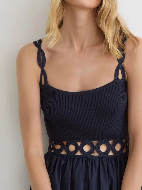 REISS Rib-knit Woven Mix Cut-out Midi Dress - Navy