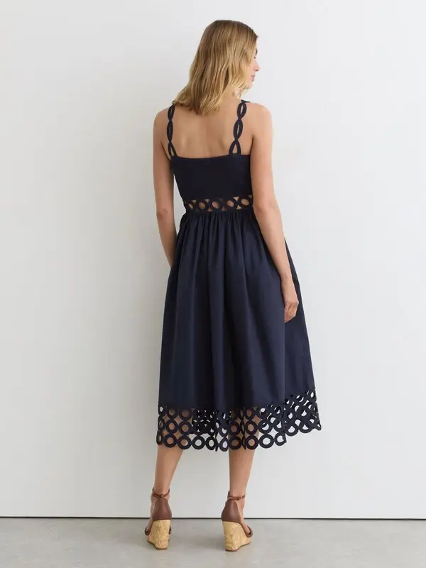 REISS Rib-knit Woven Mix Cut-out Midi Dress - Navy