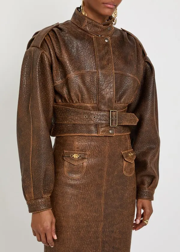 Chloé Grained Leather Cropped Bomber Jacket