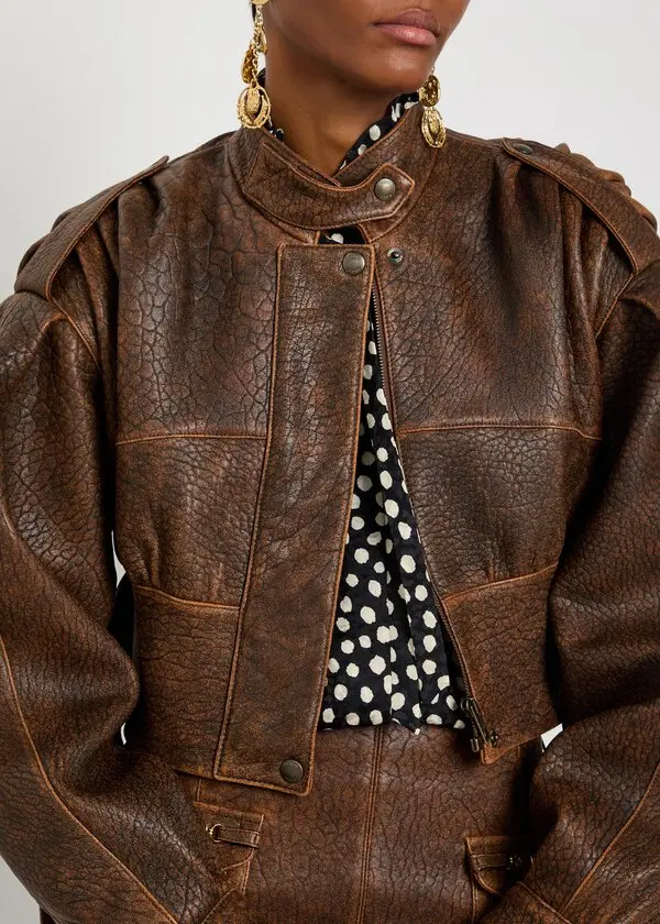 Chloé Grained Leather Cropped Bomber Jacket