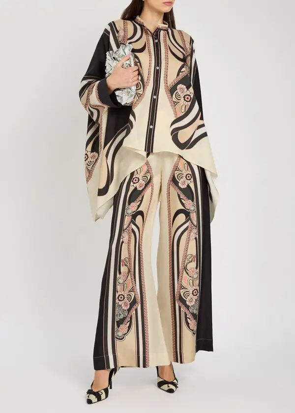 La DoubleJ Printed Wide-leg Silk Trousers - Cream