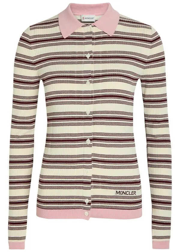 Moncler Striped Ribbed Cotton-knit Polo Top - Natural