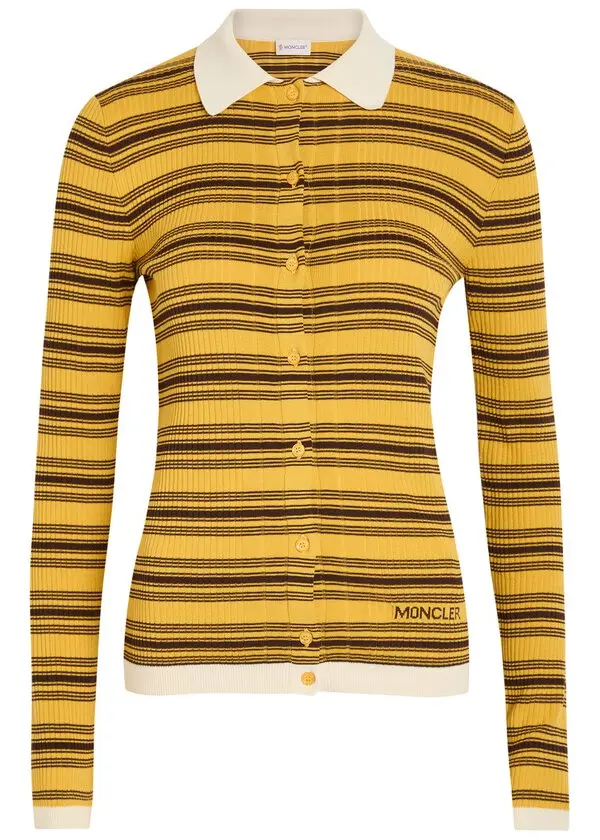 Moncler Striped Ribbed Cotton-knit Polo Top - Yellow