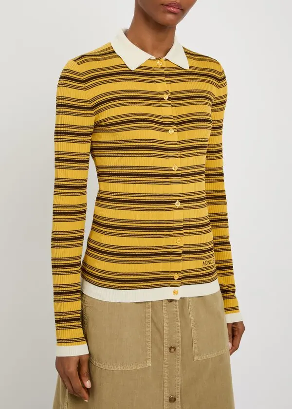 Moncler Striped Ribbed Cotton-knit Polo Top - Yellow