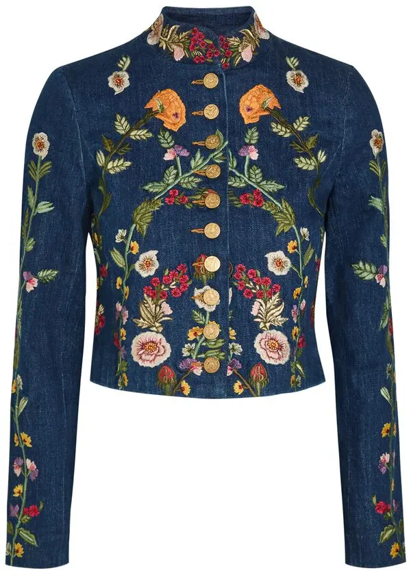 Alice + Olivia Floral-embroidered Stretch-denim Jacket - Blue