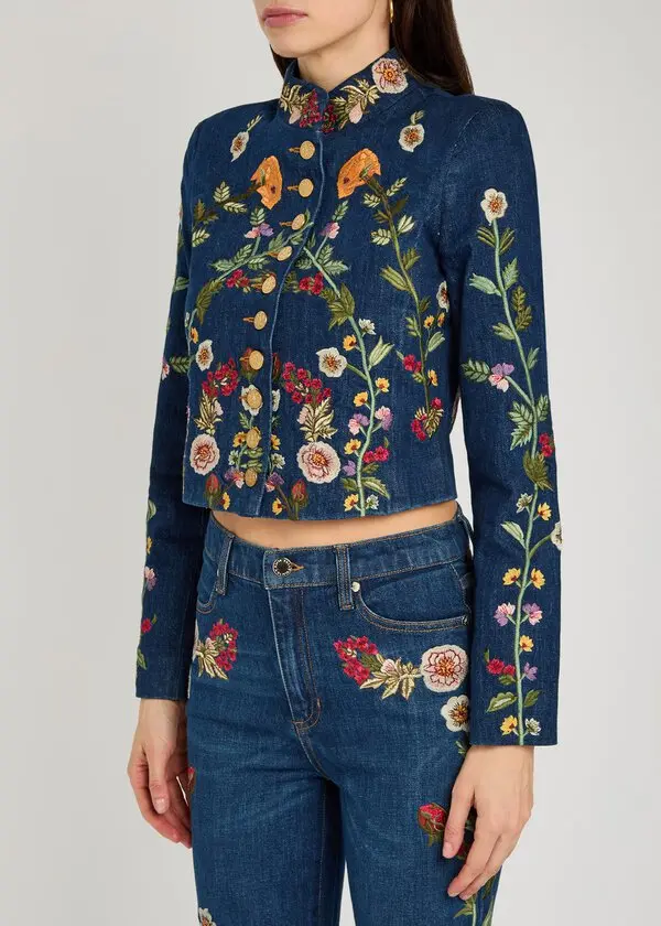 Alice + Olivia Floral-embroidered Stretch-denim Jacket