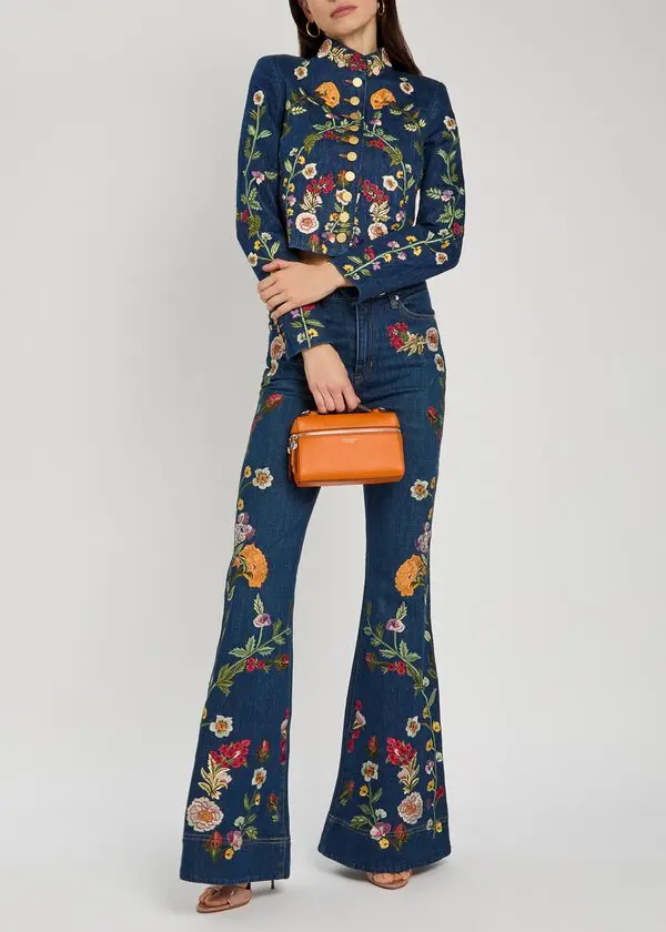 Alice + Olivia Floral-embroidered Stretch-denim Jacket