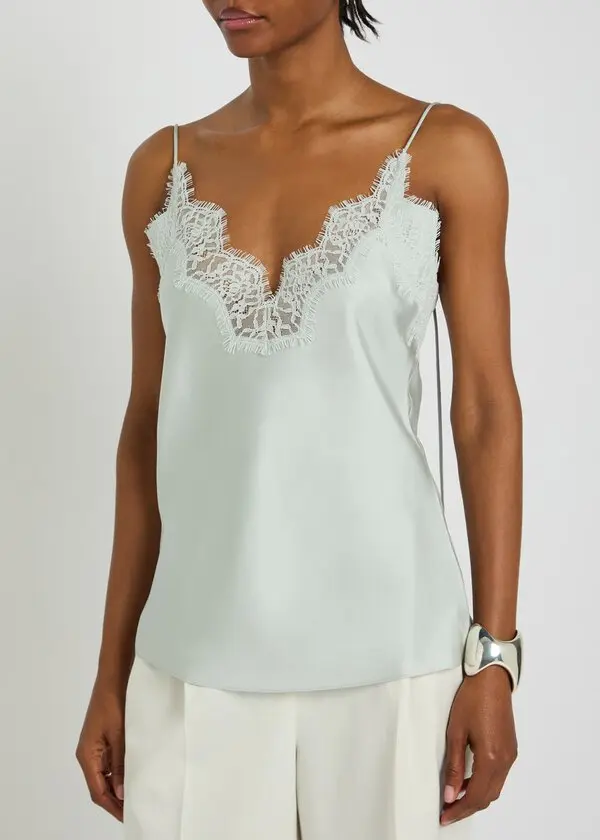 RÓHE Silk Camisole Top With Lace Trim - Light Blue