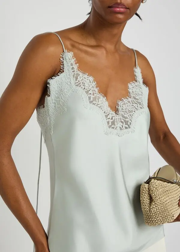 RÓHE Silk Camisole Top With Lace Trim - Light Blue