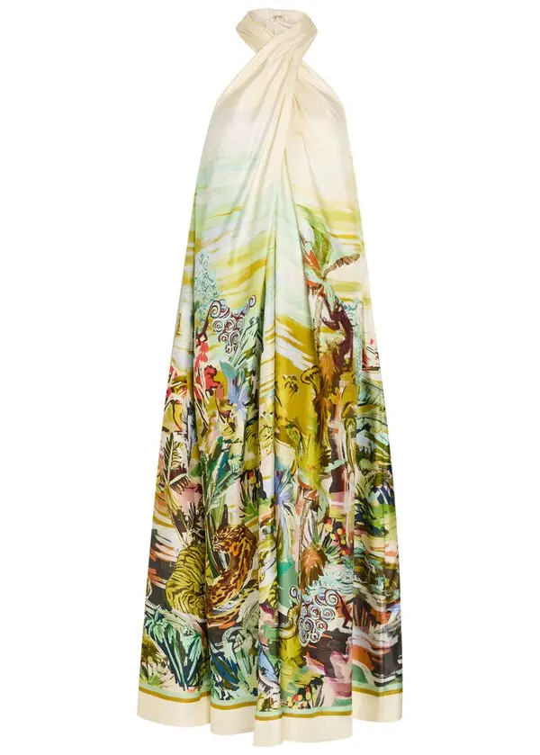 ALEMAIS Jungle Boogie Printed Halterneck Silk Maxi Dress