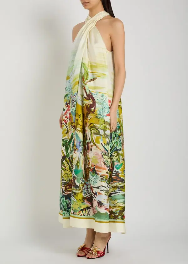 ALEMAIS Jungle Boogie Printed Halterneck Silk Maxi Dress
