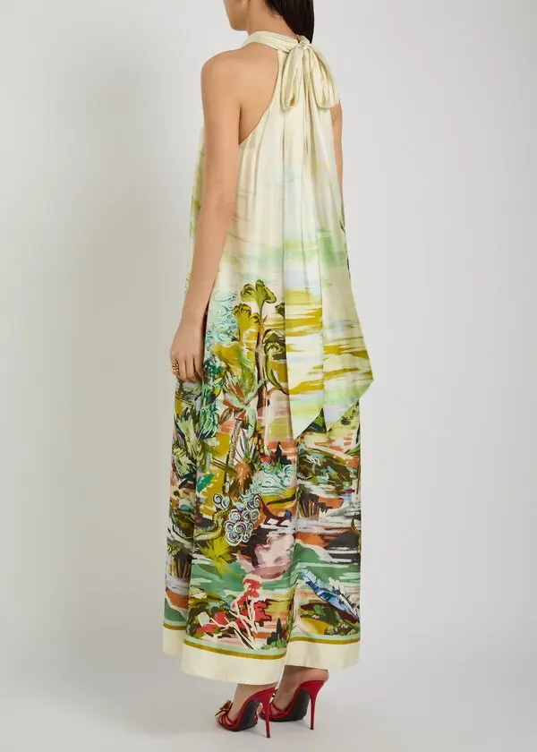 ALEMAIS Jungle Boogie Printed Halterneck Silk Maxi Dress