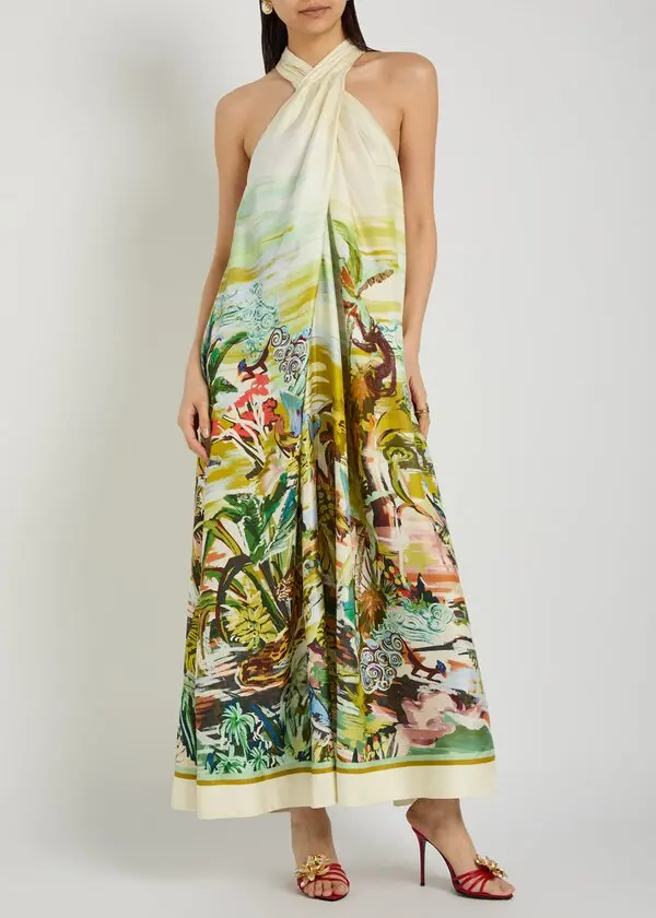 ALEMAIS Jungle Boogie Printed Halterneck Silk Maxi Dress