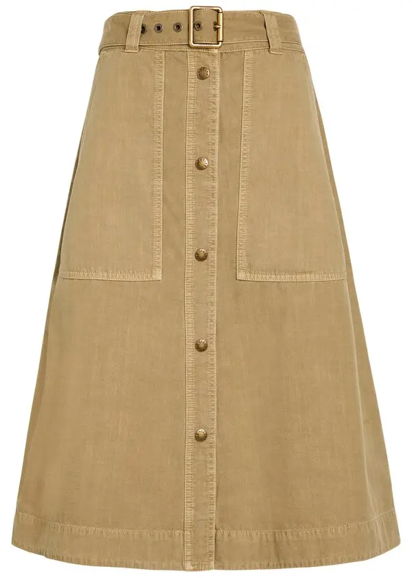 Moncler Cotton-twill Midi Skirt With Belt - Beige