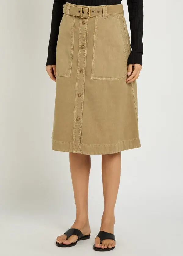 Moncler Cotton-twill Midi Skirt With Belt - Beige