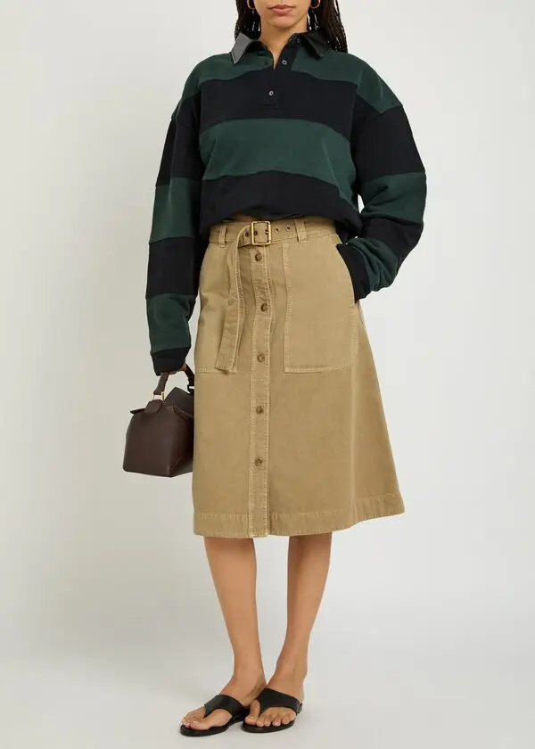 Moncler Cotton-twill Midi Skirt With Belt - Beige