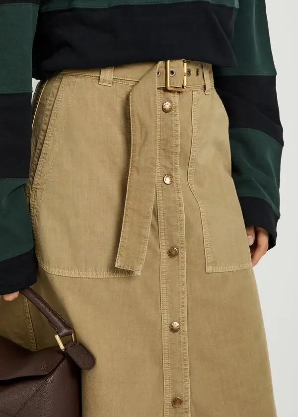 Moncler Cotton-twill Midi Skirt With Belt - Beige