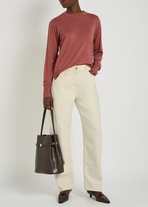 Another Tomorrow Curved Barrel-leg Stretch-denim Jeans - Beige